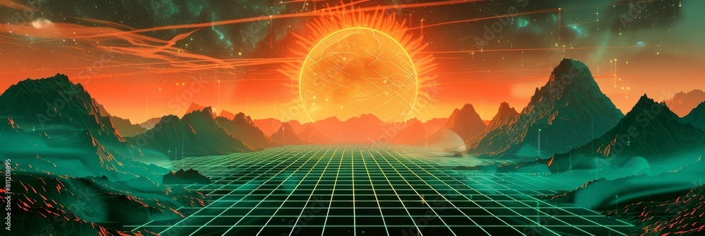 80s Style Grid Background Features Vibrant Orange Sun and Glowing ...