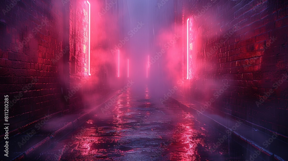 Dark street, night smog and smoke neon light. Dark background of the ...