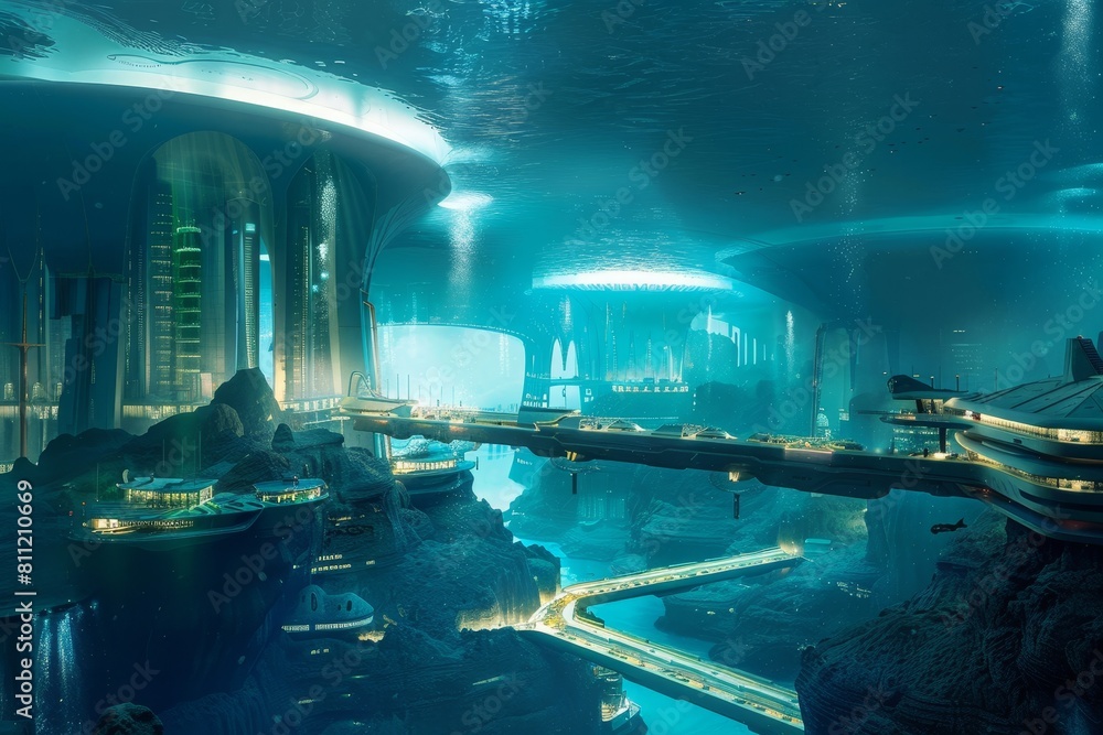A city of the future lies beneath the water with a bridge connecting ...