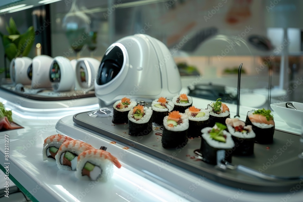 Sushi beautifully arranged on a restaurant counter for customers to ...