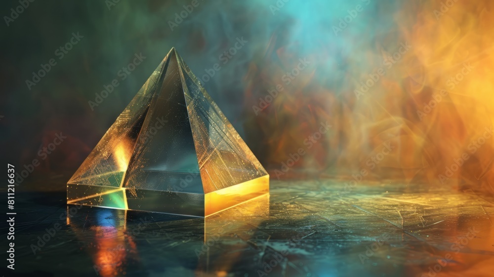 Glass prism triangle on dark background, light dispersion captured ...