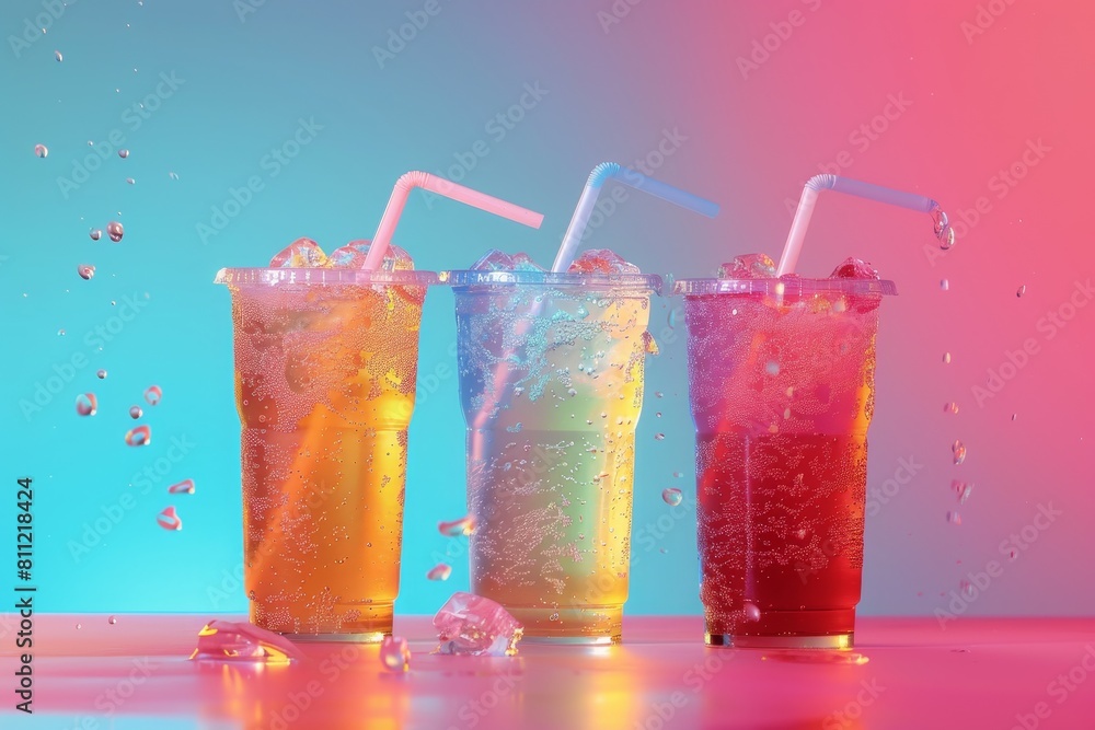 Three glasses filled with various colored soft drinks, showcasing a ...