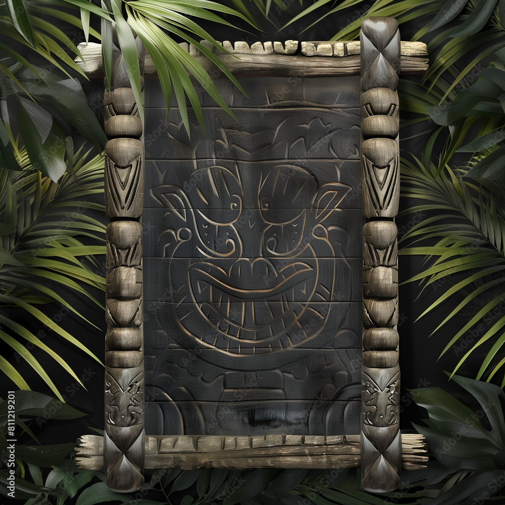 A carved wooden tiki-themed blank sign surrounded in palm leaves, write ...