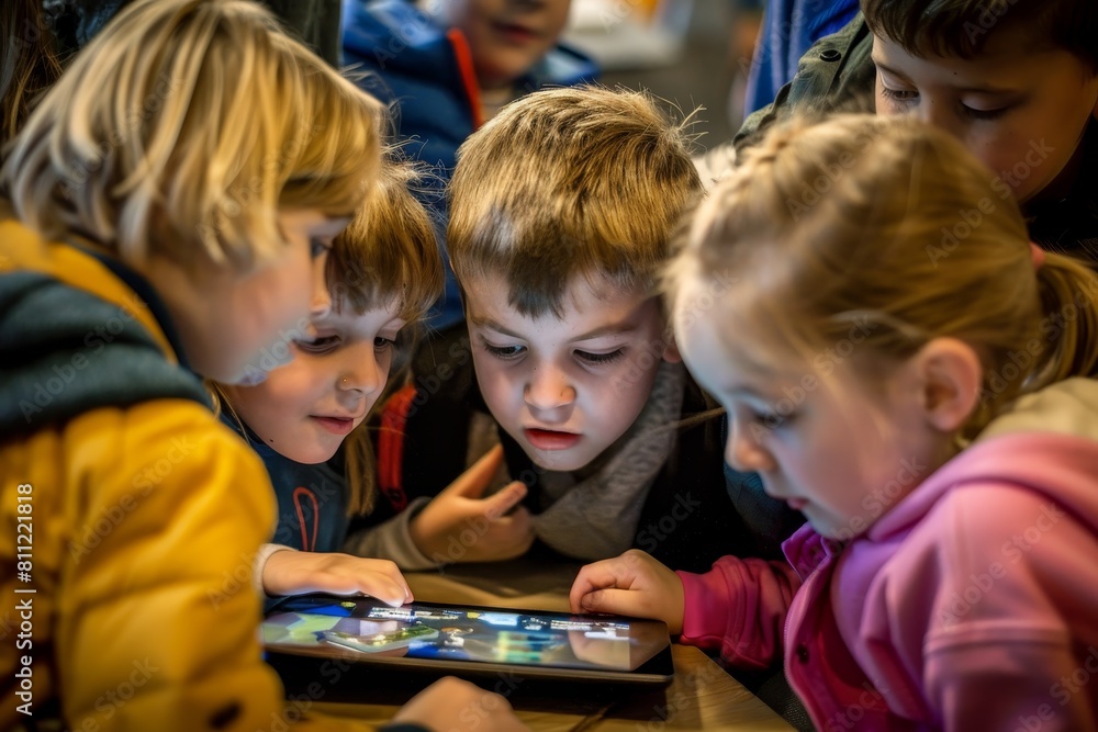 Young children gathered together, focused on a tablet screen, A group ...