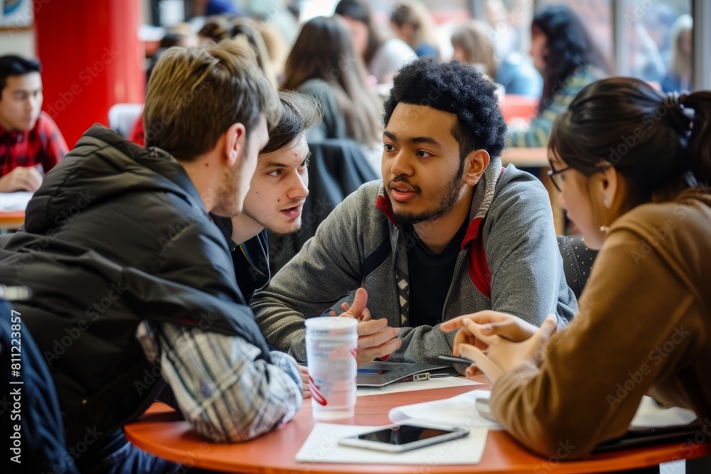 A diverse group of students sitting around a table engaged in a lively ...