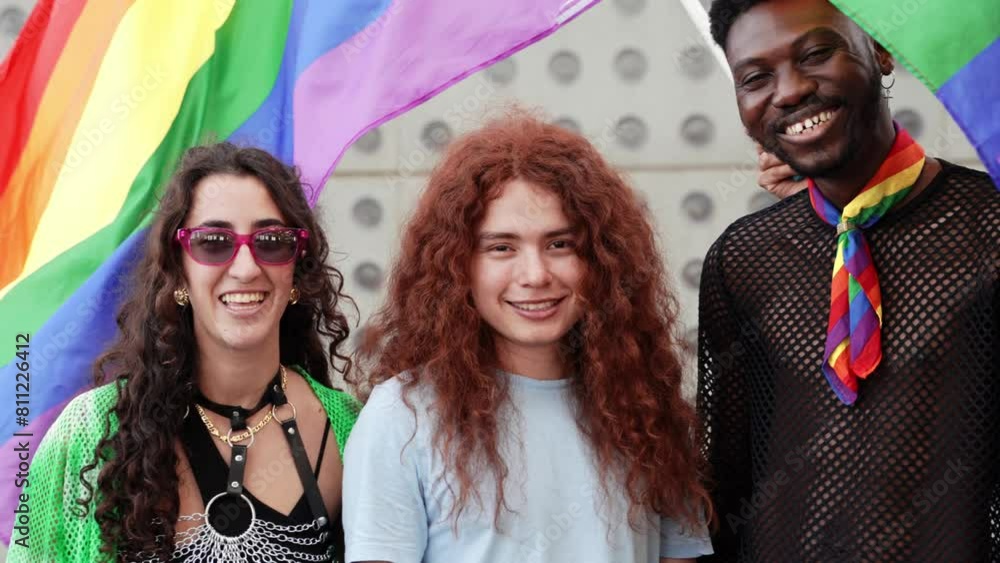 Group portrait of smiling friends celebrating gay pride festival ...