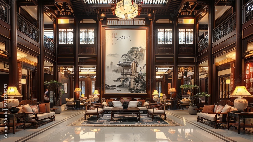 Chinese style hotel hall, wall hanging artwork in the center of the ...