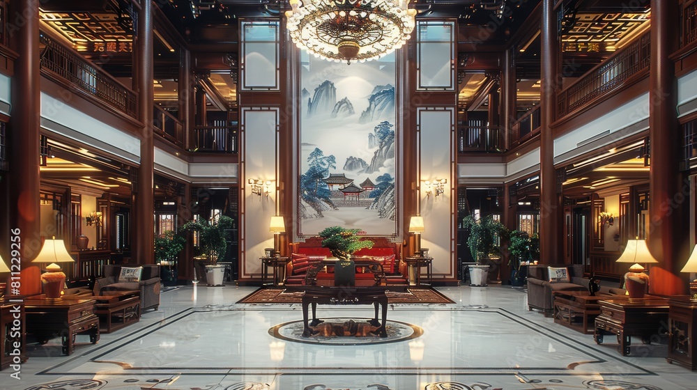 Chinese style hotel hall, wall hanging artwork in the center of the ...