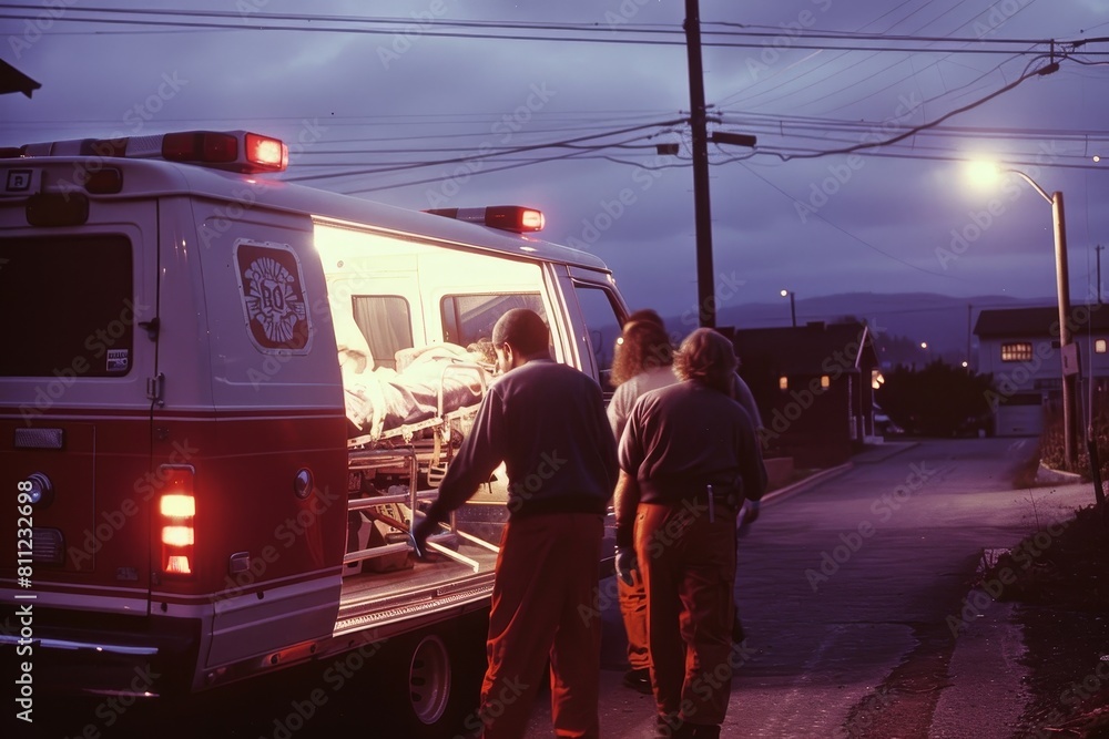 Paramedics attending to a patient near an ambulance, group of men ...