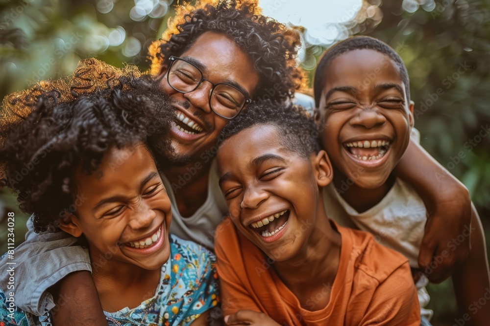 A group of siblings, children, and kids laughing together in a joyful ...