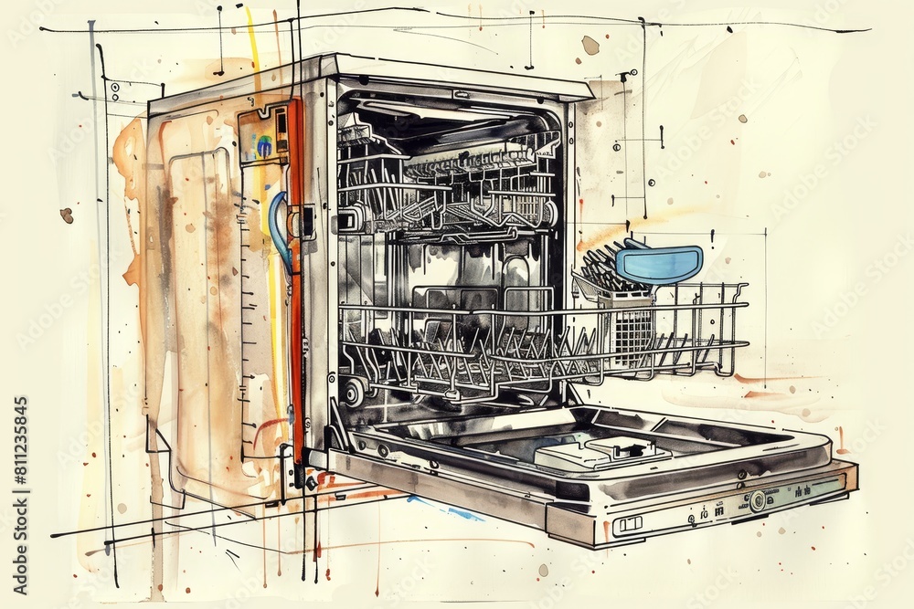 Hand-drawn diagram displaying the inner components of a dishwasher with ...
