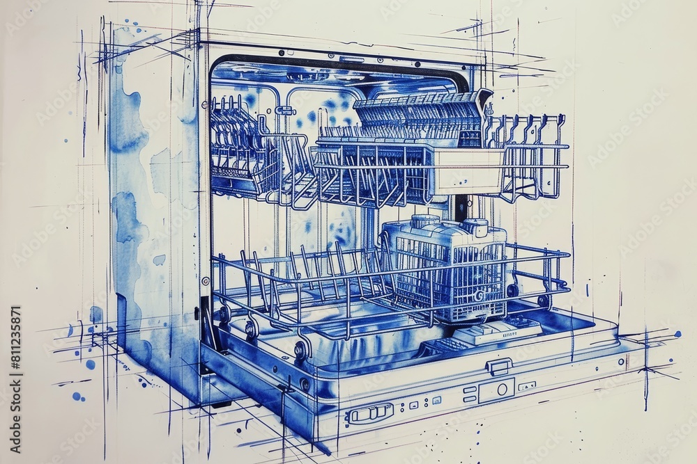 Intricate illustration in blue ink depicting the components and ...