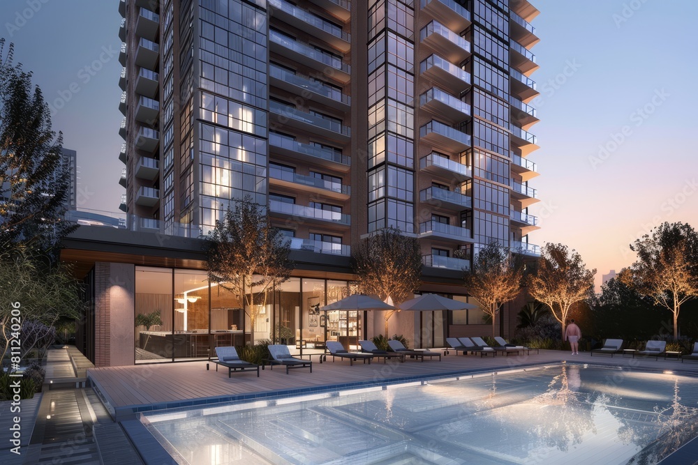 A massive swimming pool located adjacent to a tall highrise building, A ...