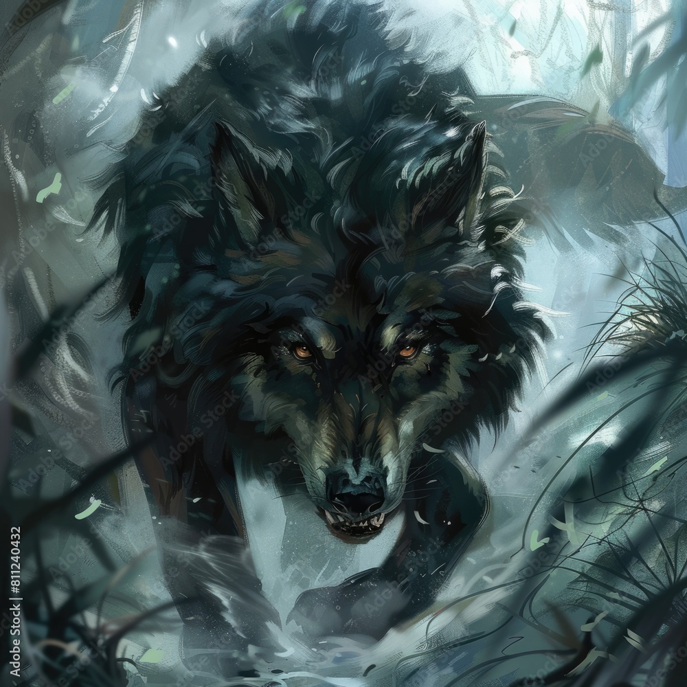 Fantasy Illustration of a Fierce Black Big Bad Wolf in the Wild Stock ...