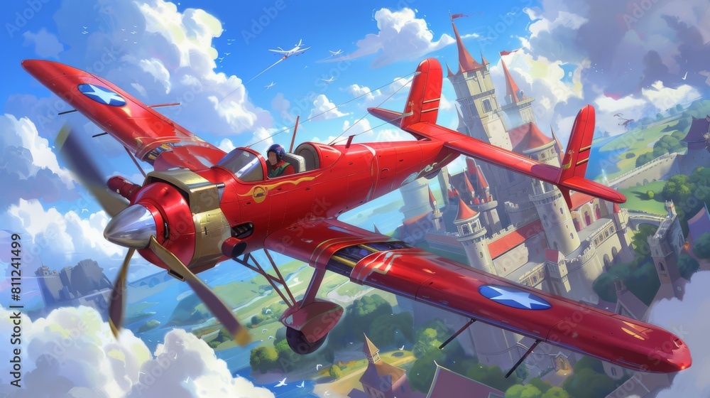 Create a dynamic illustration of an airplane flying over the lush green ...