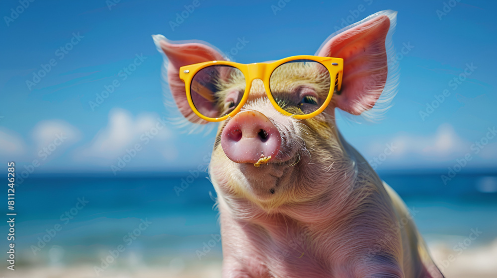 a cute pig wearing glasses pig summer fashion, A funny pig is relaxing ...