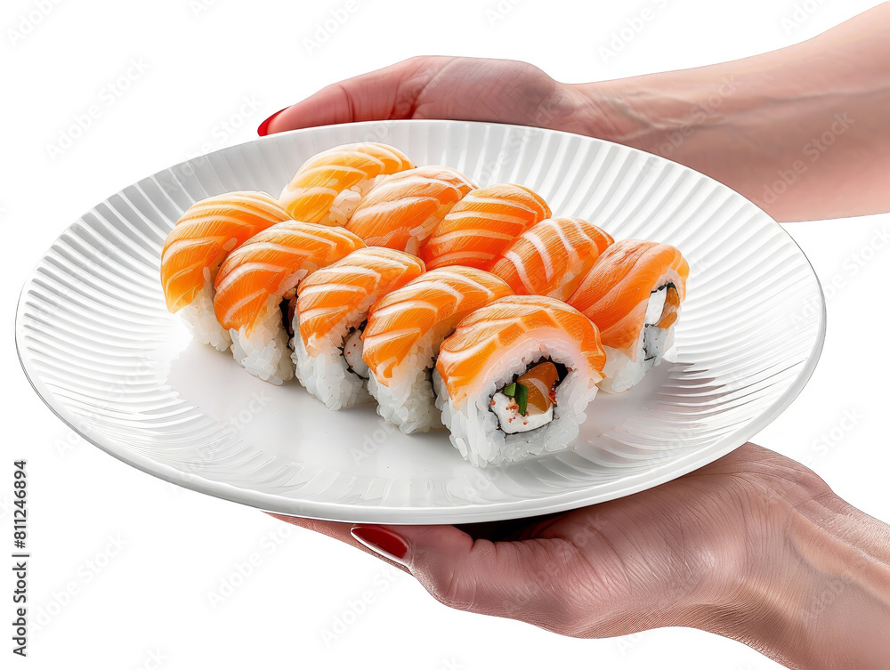 Hands holding a plate with Sushi cut out transparent isolated on white ...