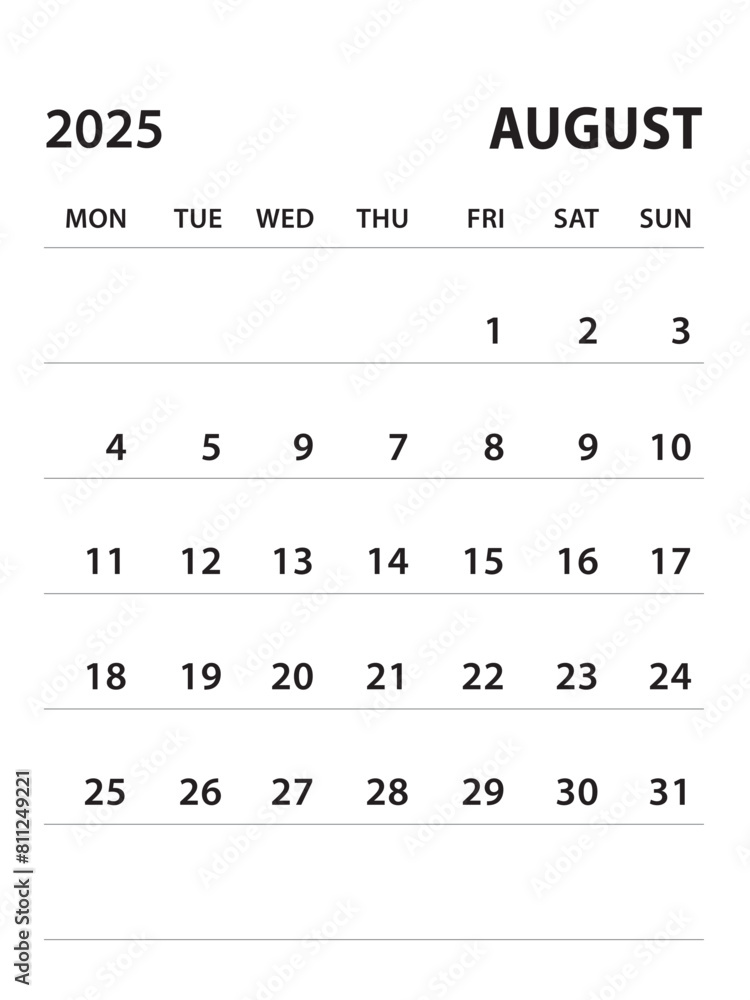 August 2025-Calendar 2025 template vector on white background, week ...