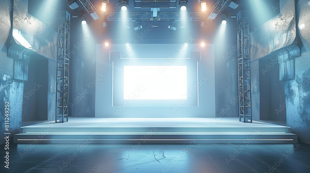 White Stage with screen illuminated by light blue spotlights. empty ...