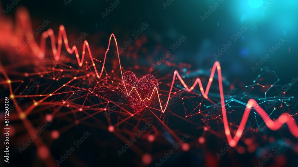 Glowing hologram of human heart organ 3D structure with dark background ...