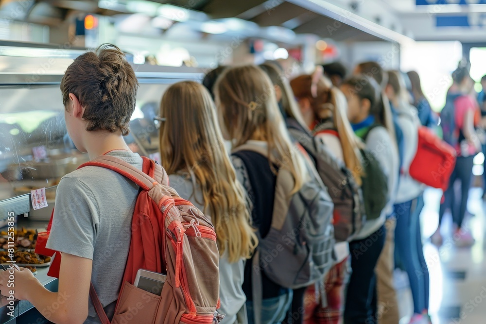 A crowd of students waiting eagerly in line at a busy food court to ...