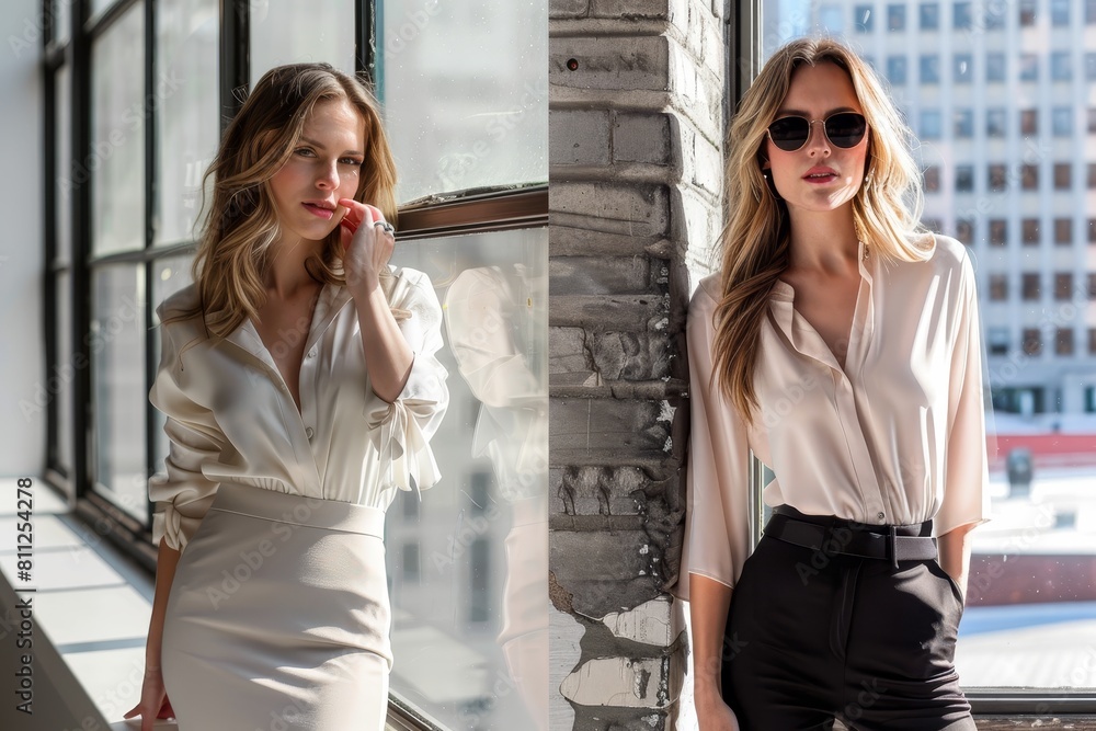 Two women standing side by side in front of a window, A look that effortlessly transitions from ...
