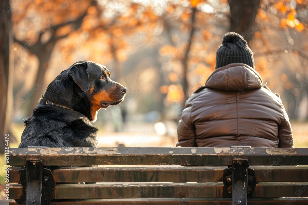 Rottweiler sitting next to its owner on a bench, looking ahead, A loyal ...