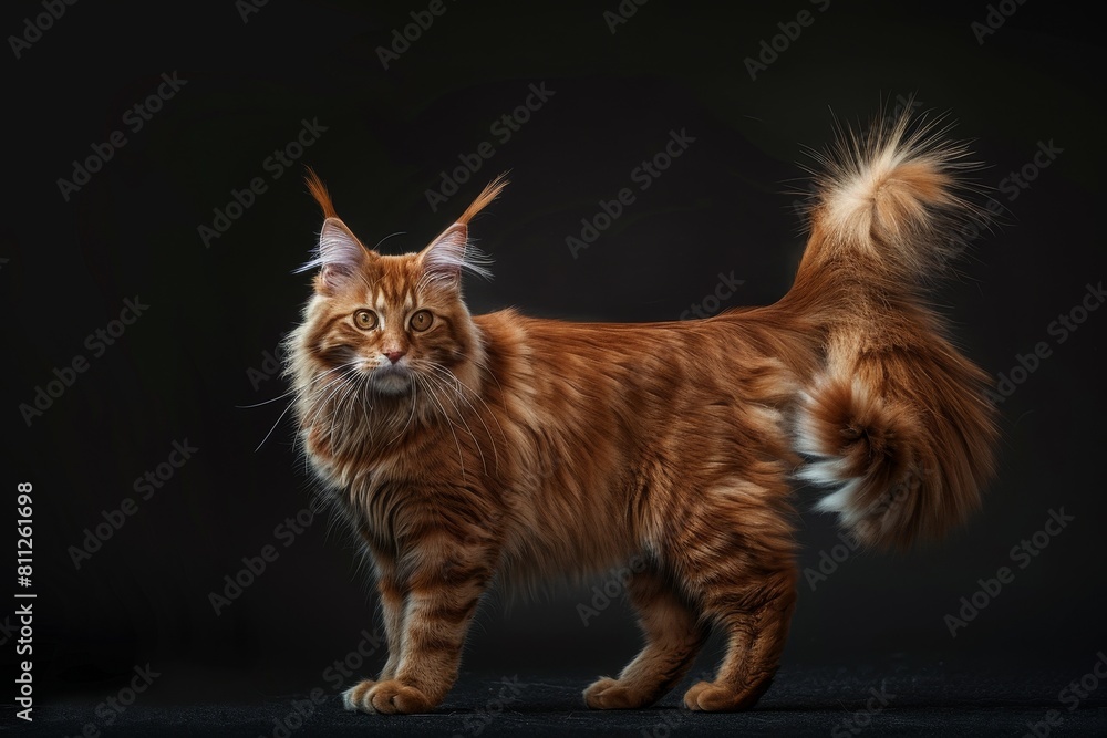 Majestic Maine Coon cat with bushy tail standing on black background, A ...