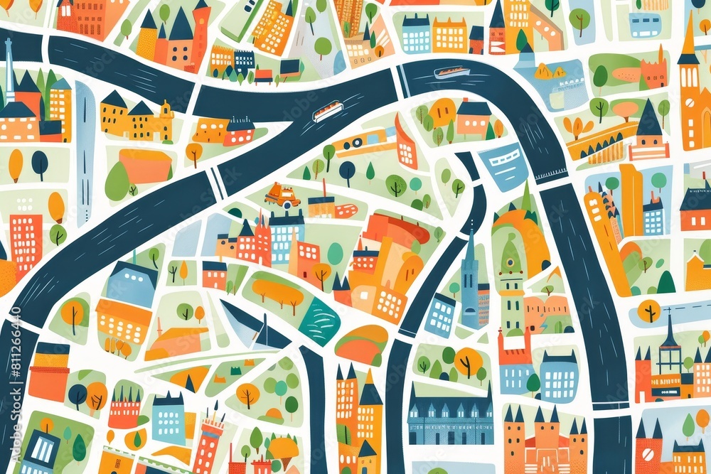 A map displaying roads, buildings, and landmarks within a city for ...