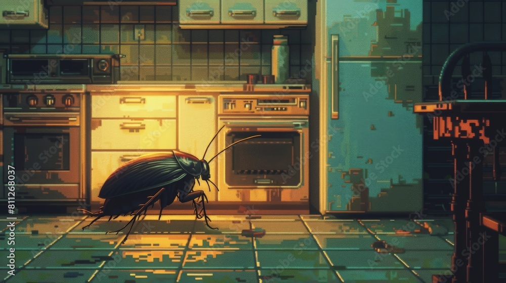 In the dim light, a cockroach scurries across the filthy kitchen floor ...