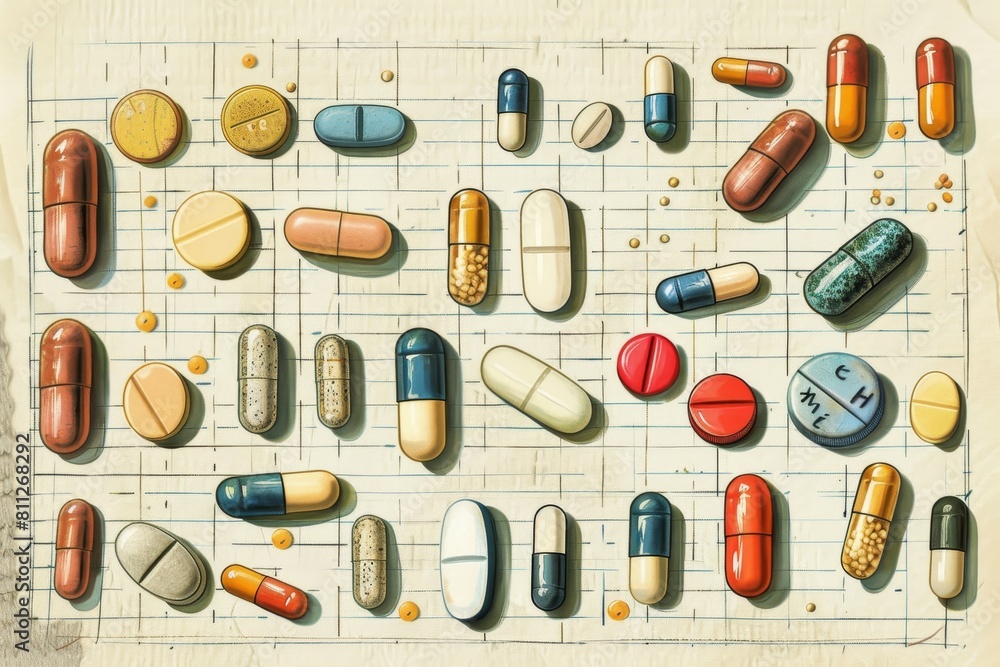 Drawing showing various pills positioned on a grid for medical ...