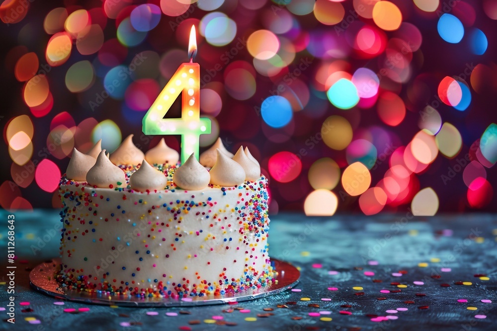 Sweet Birthday cake with number 4 on top on colorful bokeh background ...