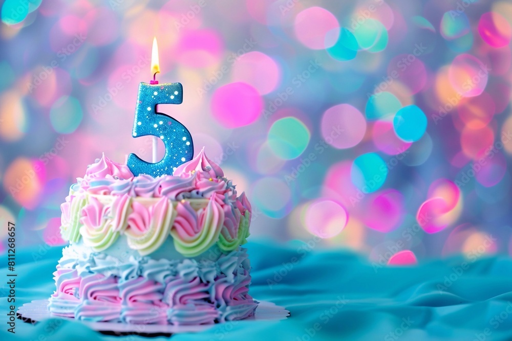 Sweet Birthday cake with number 5 on top on colorful bokeh background ...