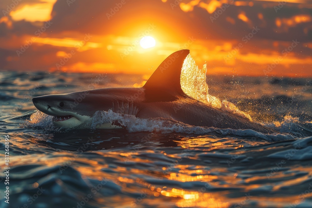 Calm yet compelling, a single shark fin cuts through the sunset water's ...