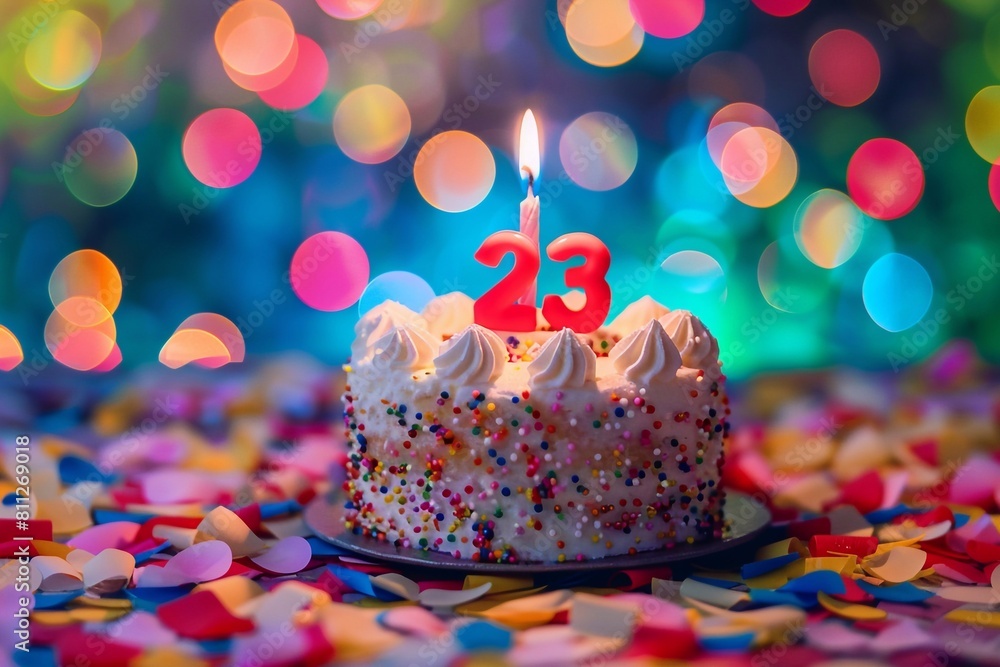 Sweet Birthday cake with number 23 on top on colorful bokeh background ...