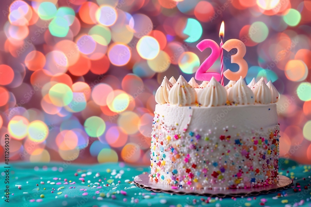 Sweet Birthday cake with number 23 on top on colorful bokeh background ...