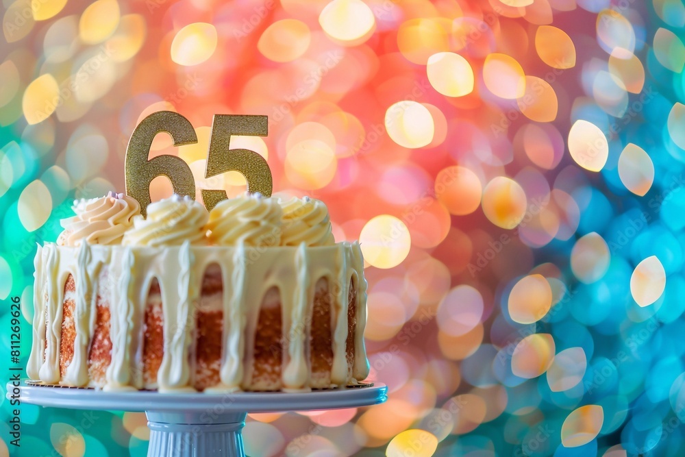 Sweet Birthday cake with number 65 on top on colorful bokeh background ...