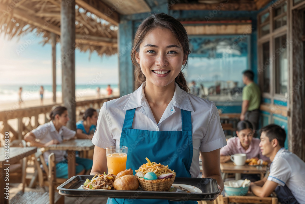 Happy Asian waitress in uniform with a tray brings food on a heavily ...