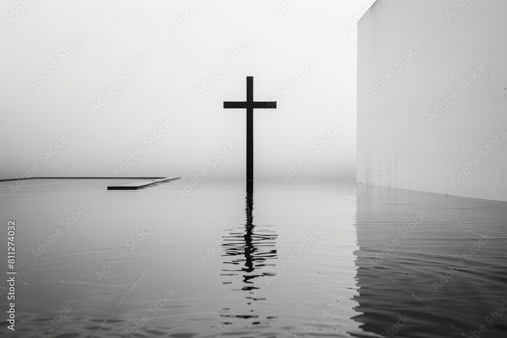Black and white cross standing in calm water, casting a reflection on ...