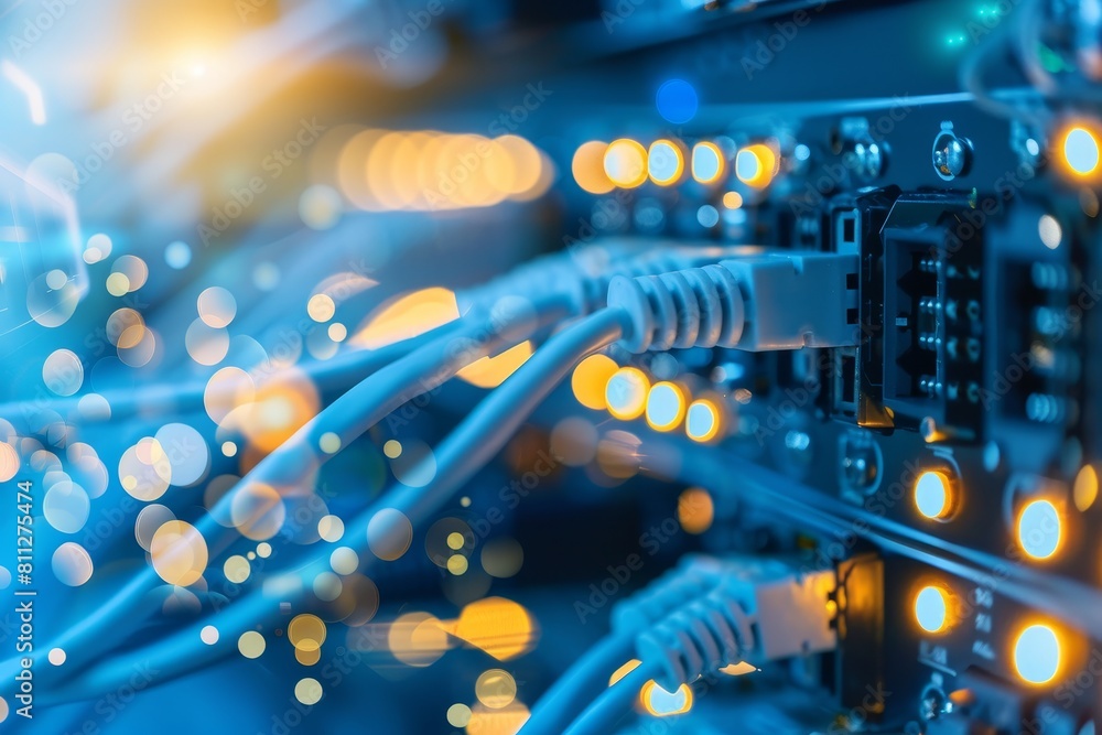 Data center room network panel, switches, and cables in a modern data ...