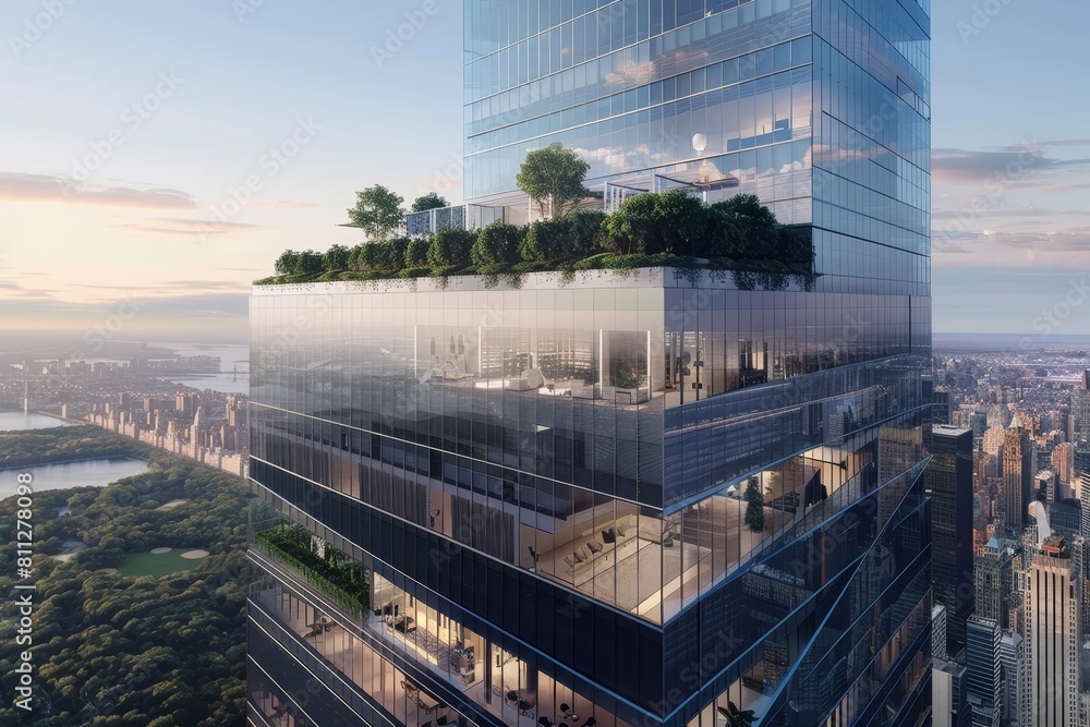 A modern skyscraper featuring a multitude of windows on its facade, A ...