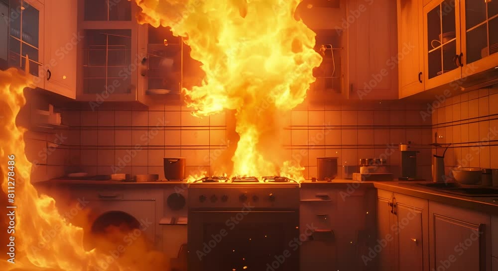 Animated 4k video of kitchen fire accident scene on virtual background ...
