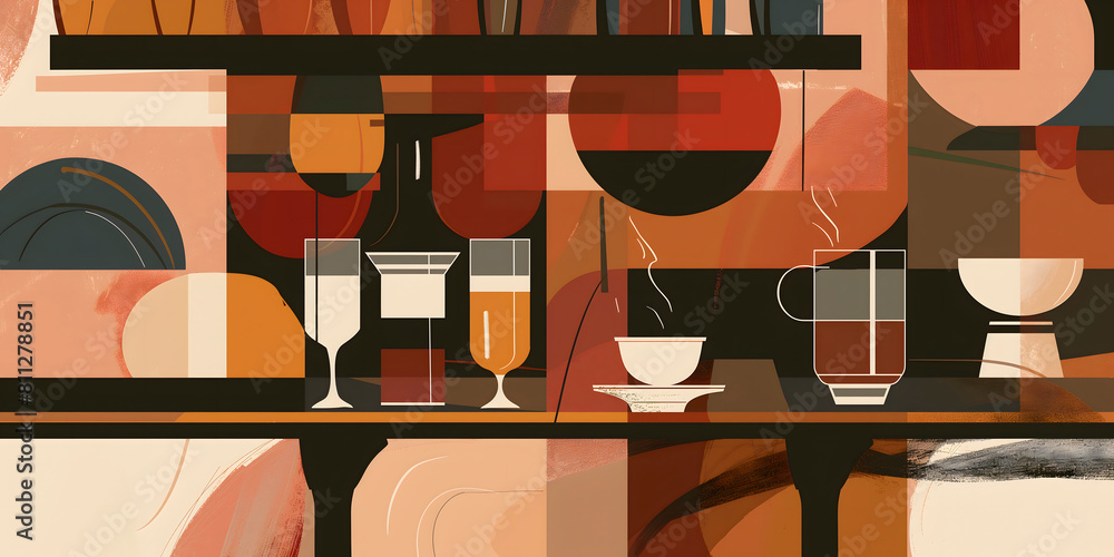 abstract portrayal of cafe setting, with intricate geometric details ...