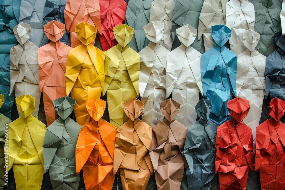 Foto de Group of origami people standing in a row next to each other, A ...