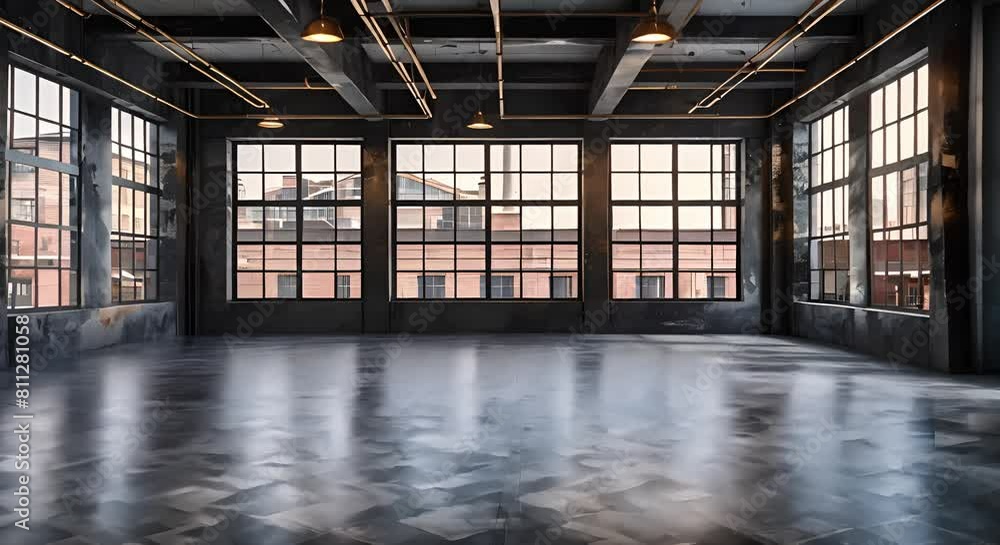 Black-Walled Industrial Loft with Large Windows, Warehouse Background ...