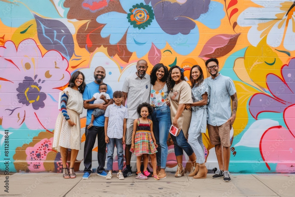 Multigenerational family posing for a photo against a vibrant, colorful ...
