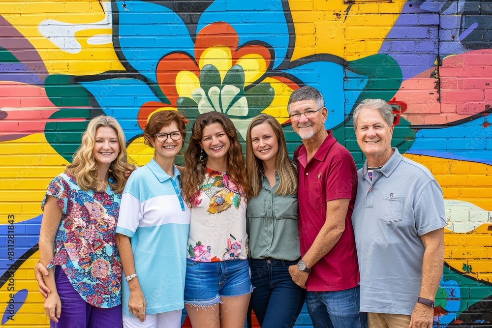 Multigenerational family posing for a photo in front of a vibrant ...