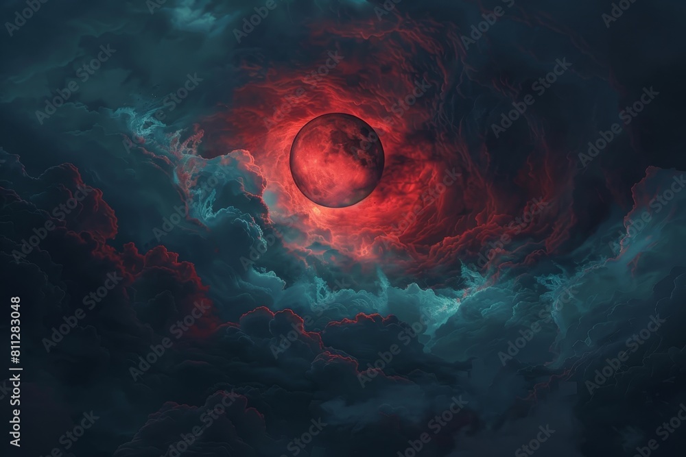 A painting featuring a vibrant red moon shining through dark, swirling ...