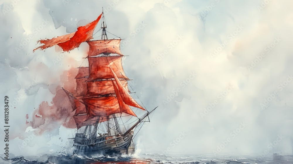 Red flag on pirate ship mast instills fear in enemies on the high seas ...