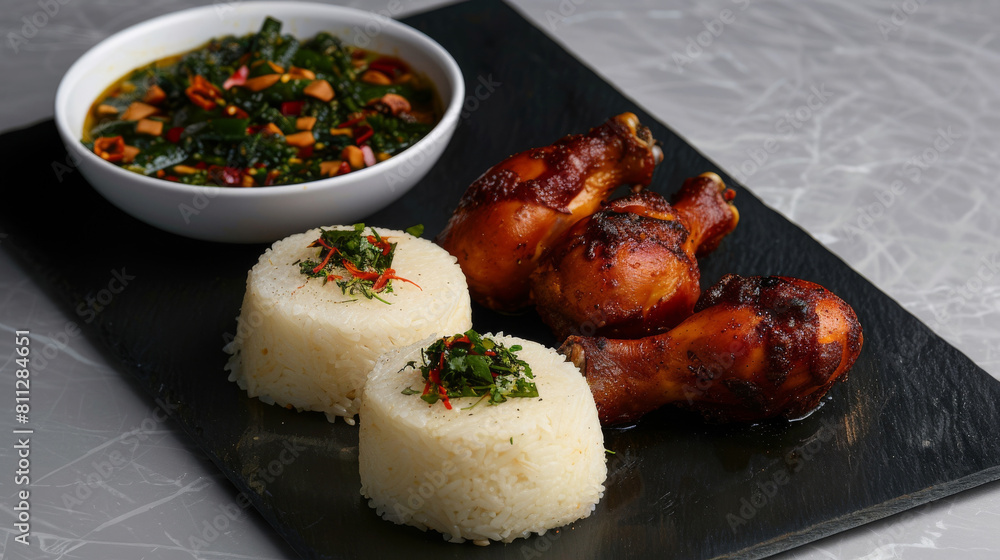 Sumptuous plate of ghanaian cuisine with seasoned chicken drumsticks ...